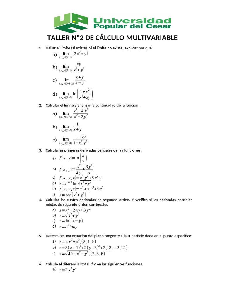 Taller Nº2 de Cálculo Multivariable - 2025 - I | PDF | Análisis ...