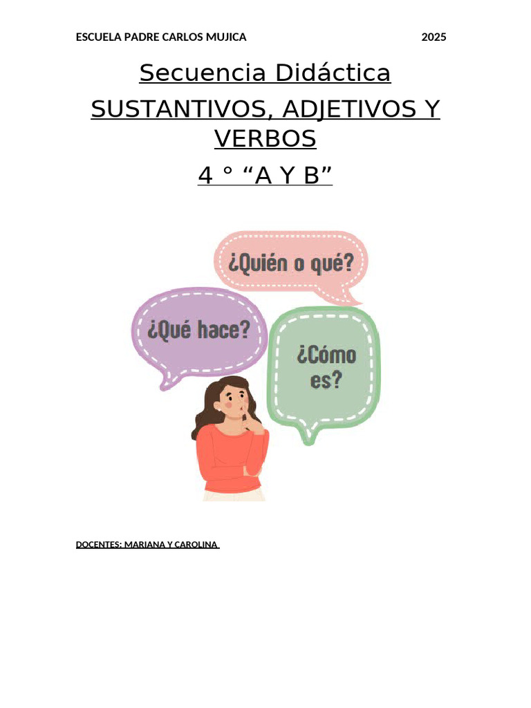 Secuencia Didáctica SUSTANTIVOS, ADJ, VERBOS 4TO | PDF | Verbo | Sustantivo