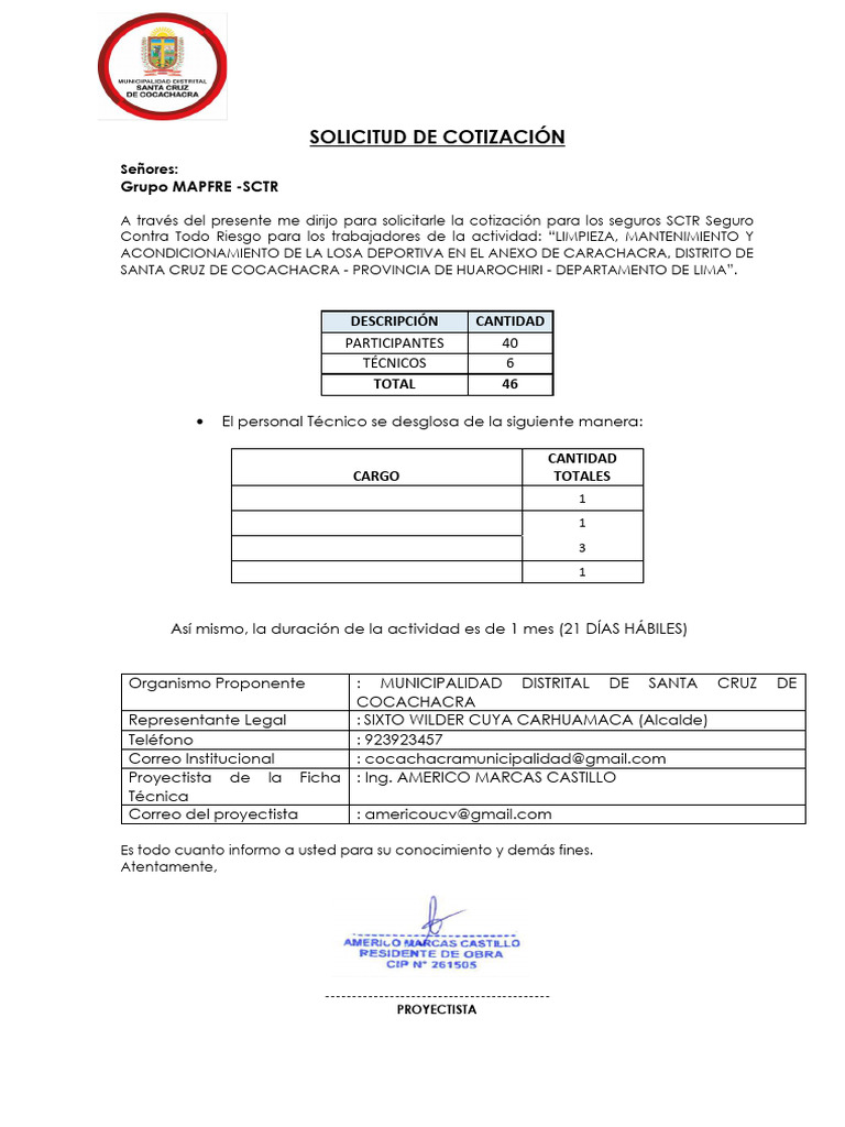 Solcitud de Cotización - Mapfre-Cocachacra | PDF