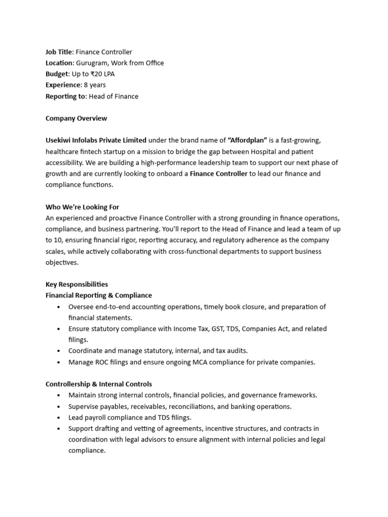 JD-Finance Controller | PDF | Regulatory Compliance | Economies