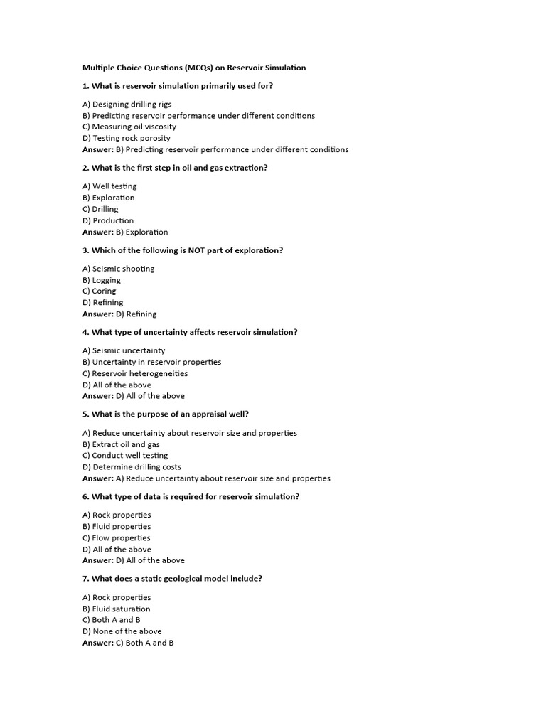 Multiple Choice Questions Reservoir Simulation | PDF | Petroleum ...