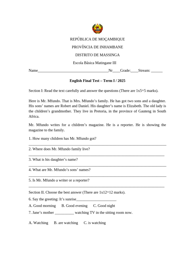 English Final Test 2025 UPDATED | PDF