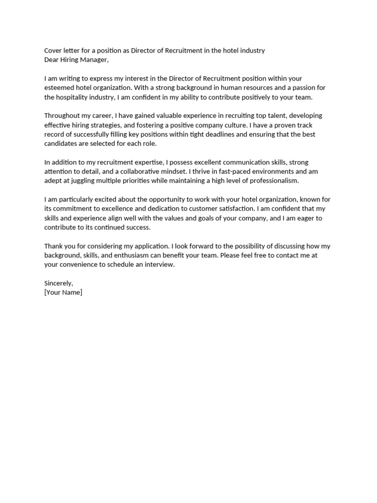 Cover Letter For A Position As Director of Recruitment in The Hotel ...
