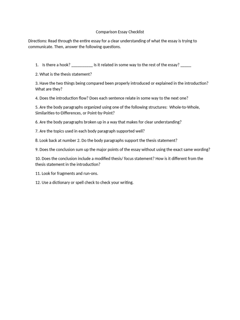 Comparison Essay Writing Checklist | PDF