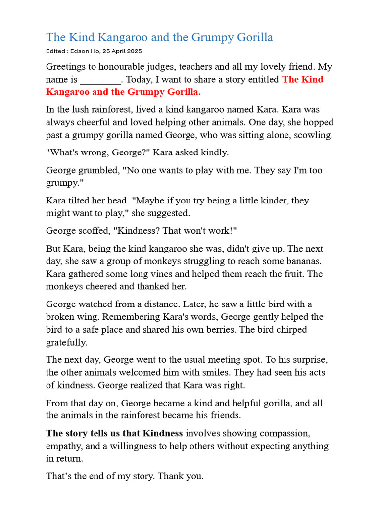 Storytelling Level 4 - The Kind Kangaroo and The Grumpy Gorilla | PDF