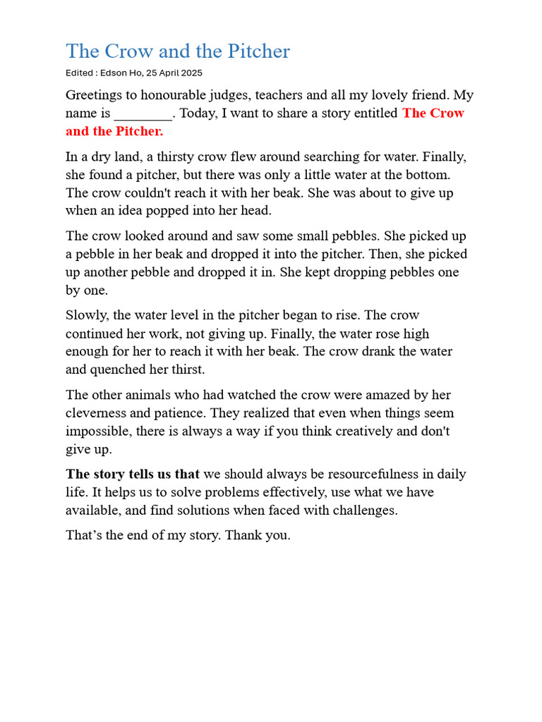 Level 4 Storytelling - The Crow and The Pitcher | PDF