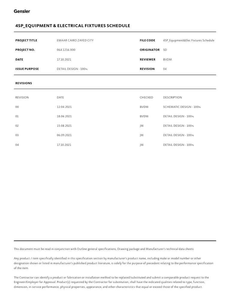 Equipment and Electrical Fixtures Schedule | PDF