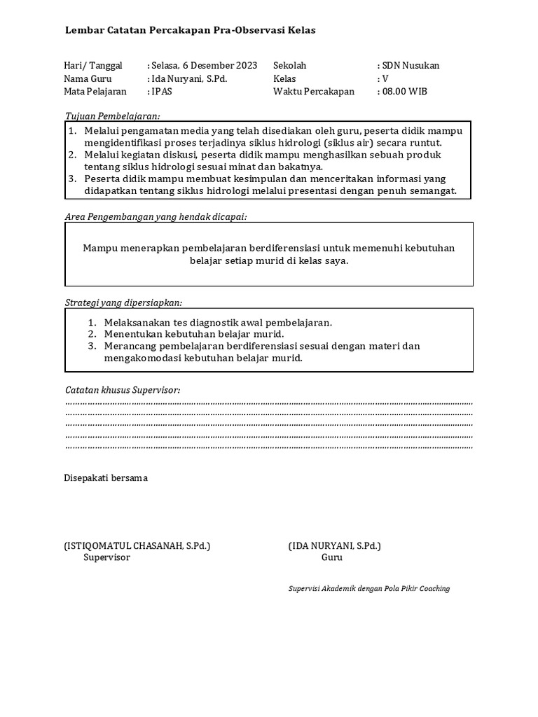 1 - ICHA - Lembar Catatan Percakapan Pra-Observasi Kelas | PDF