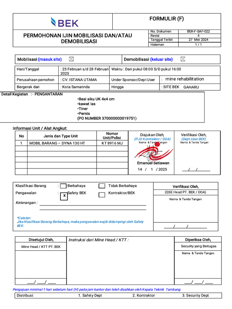 Form Mobilisasi Truk Bek Bences | PDF