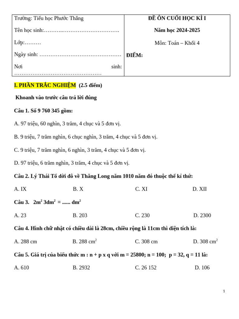De On ck1 Toan 4 | PDF