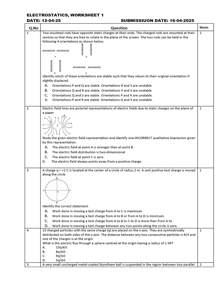 Electostatics Worksheet 1 - 2025 | PDF | Sphere | Electric Field