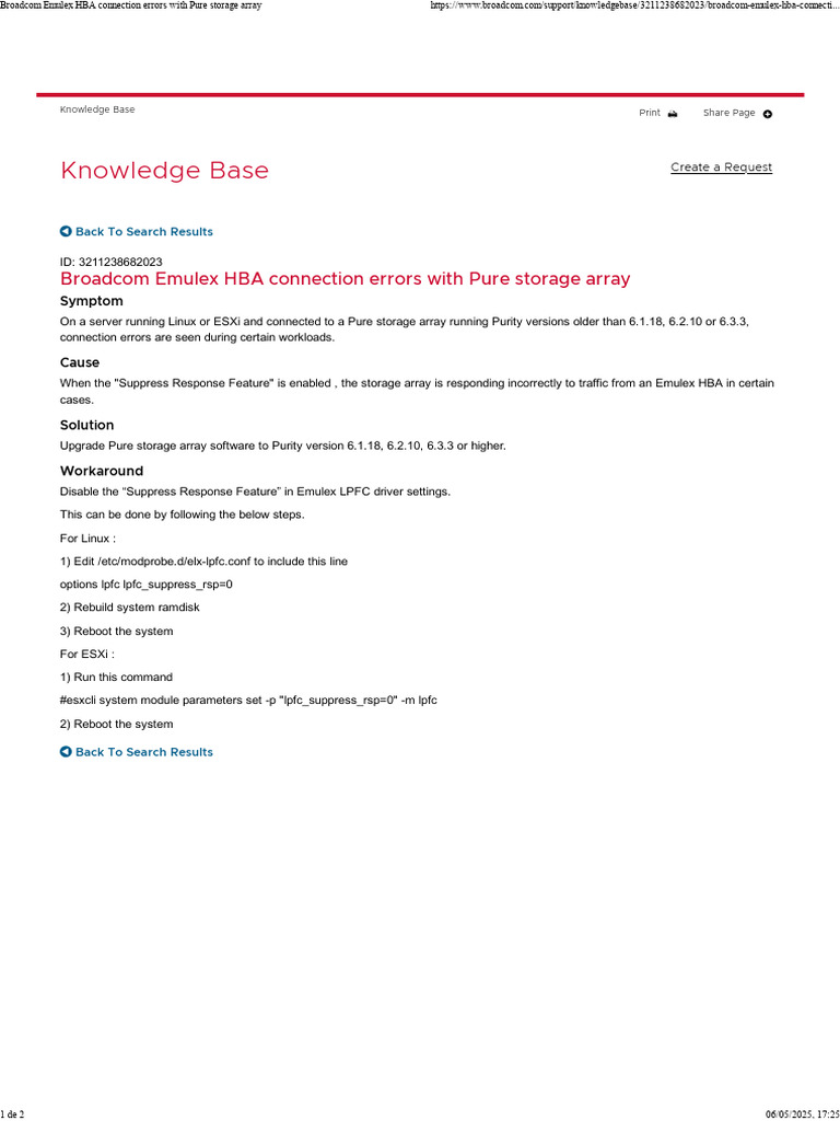 Broadcom Emulex HBA Connection Errors With Pure Storage Array | PDF