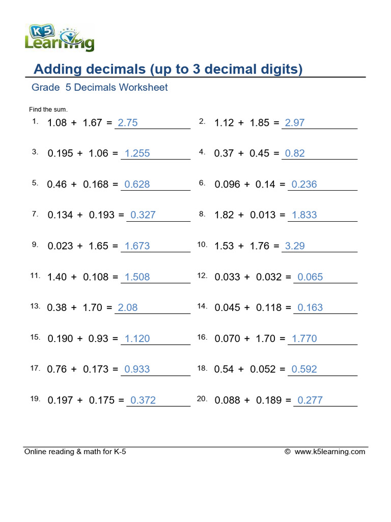Adding and Subtracting Decimals Answers | PDF | Arithmetic | Mathematics