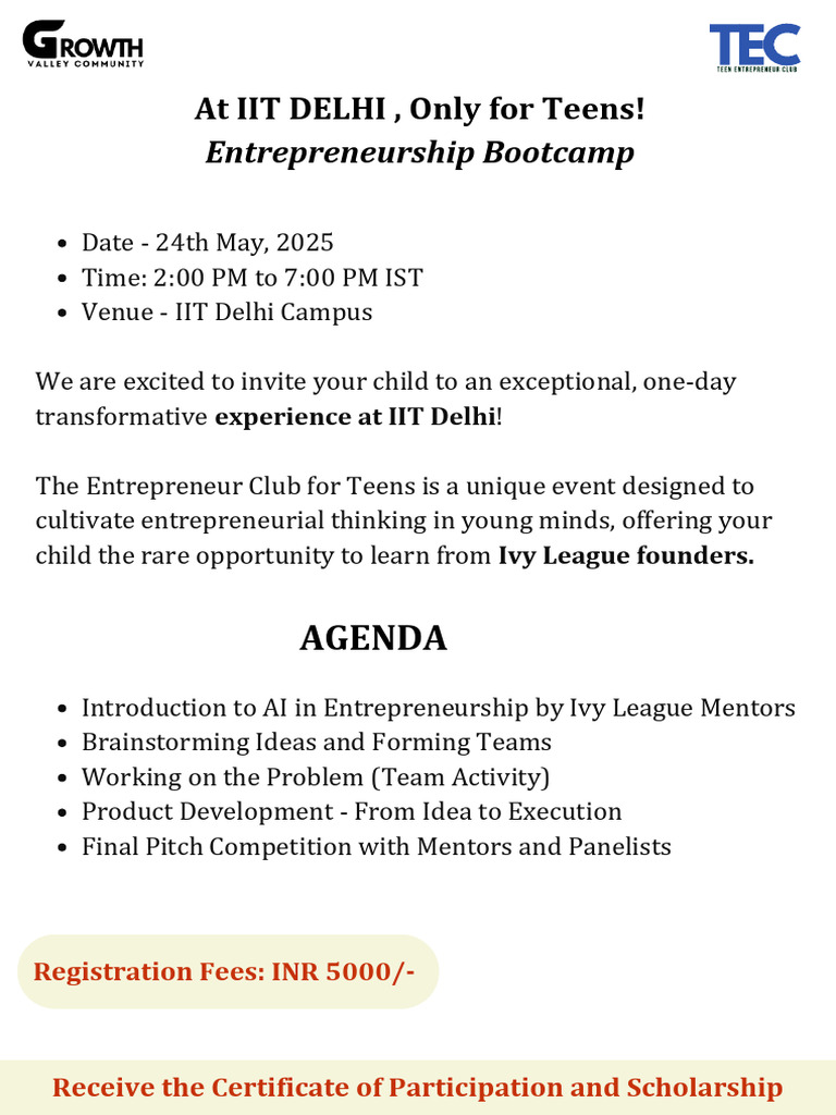 IIT Delhi Teen Entrepreneurship Bootcamp | PDF