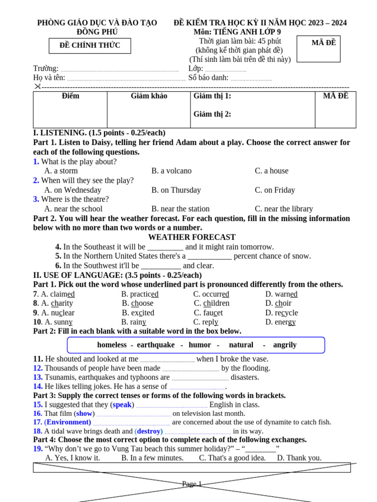 Đề Thi Hkii Anh 9 (7 Năm) Nh 2023-2024 Mật Khẩu 2024 | PDF | Nuclear Power
