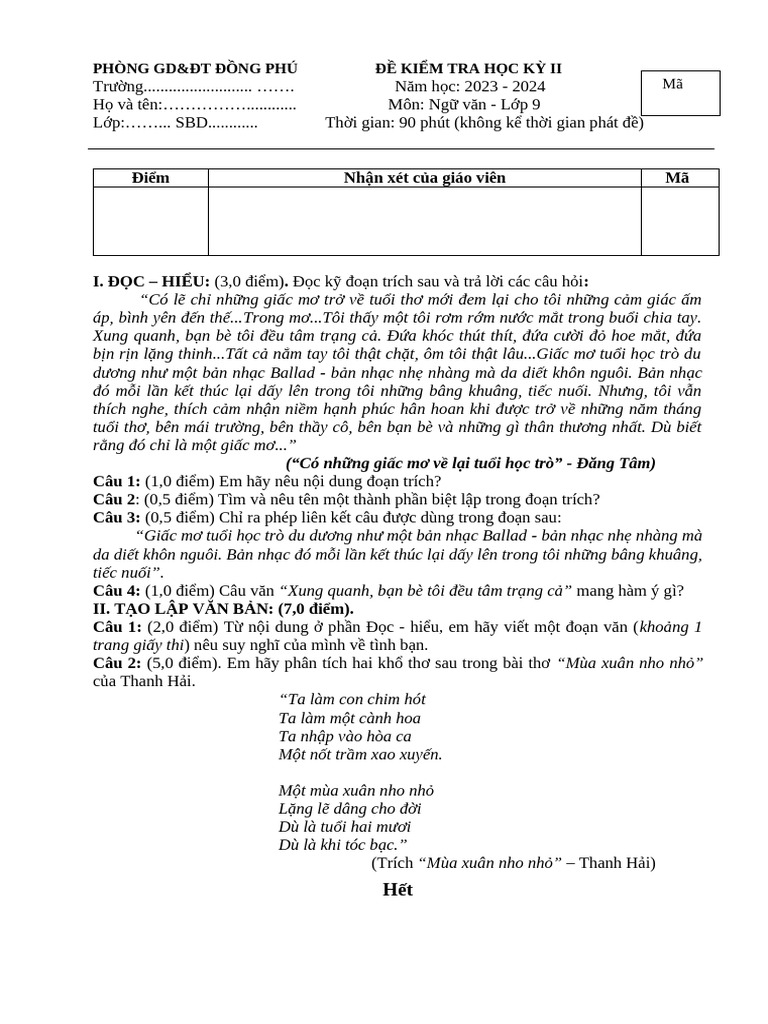Đề Thi + Hd Chấm Môn Ngữ Văn 9 Hkii | PDF