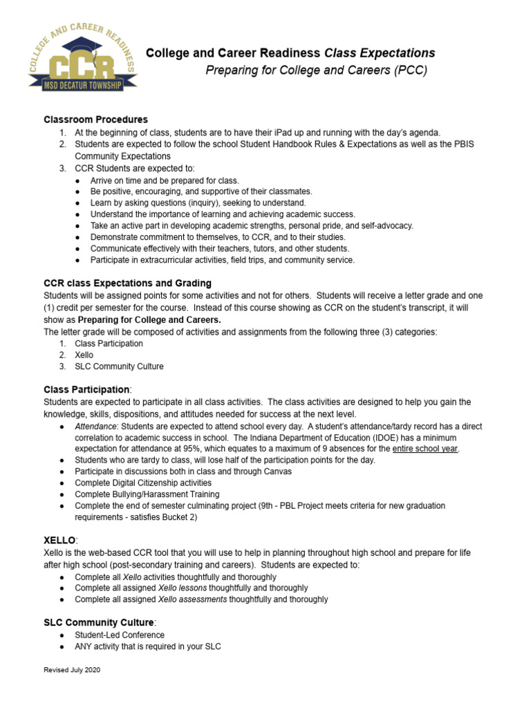 CCR Class Expectations for Success | PDF | Cognition | Education Theory