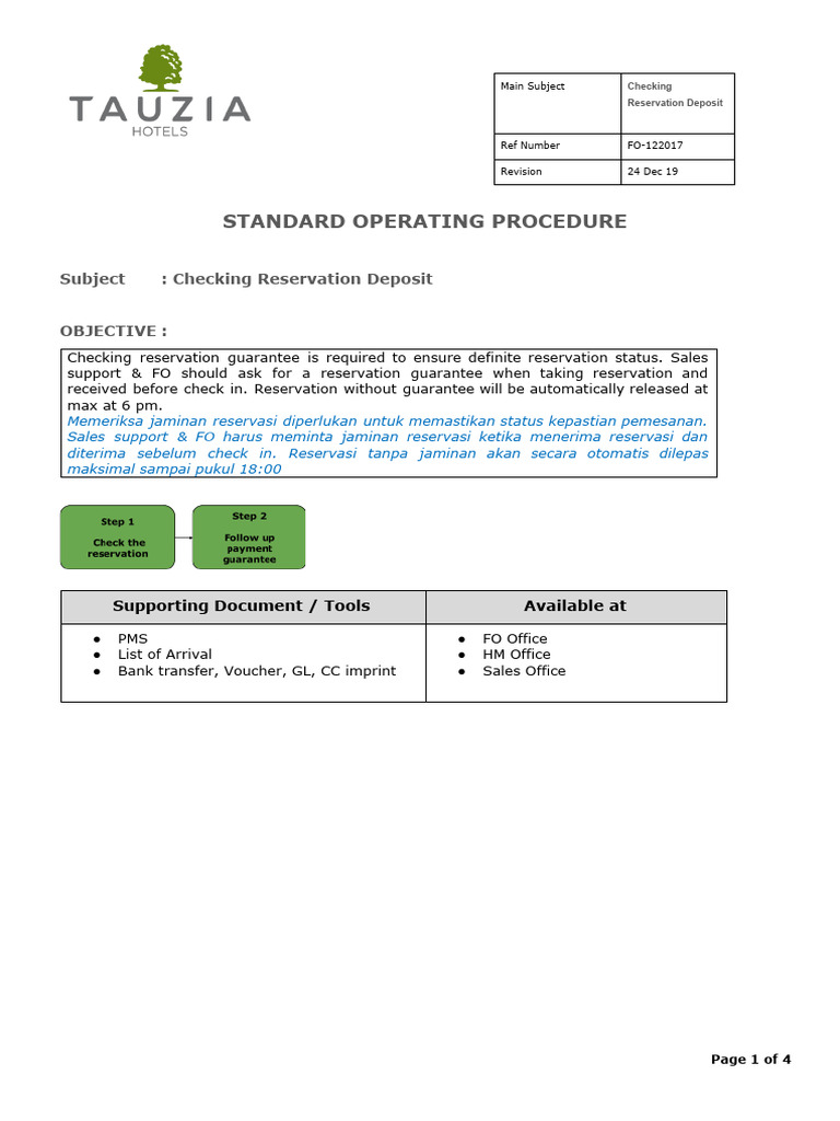SOP - FO - 15 - Checking Reservation Deposit - 2019.update | PDF ...