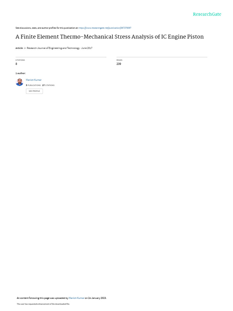 A Finite Element Thermo-Mechanical Stress Analysis of IC Engine | PDF ...