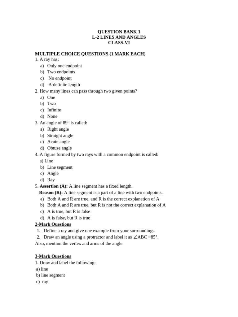 Class VI L-2 Lines and Angles Question Bank 1 | PDF