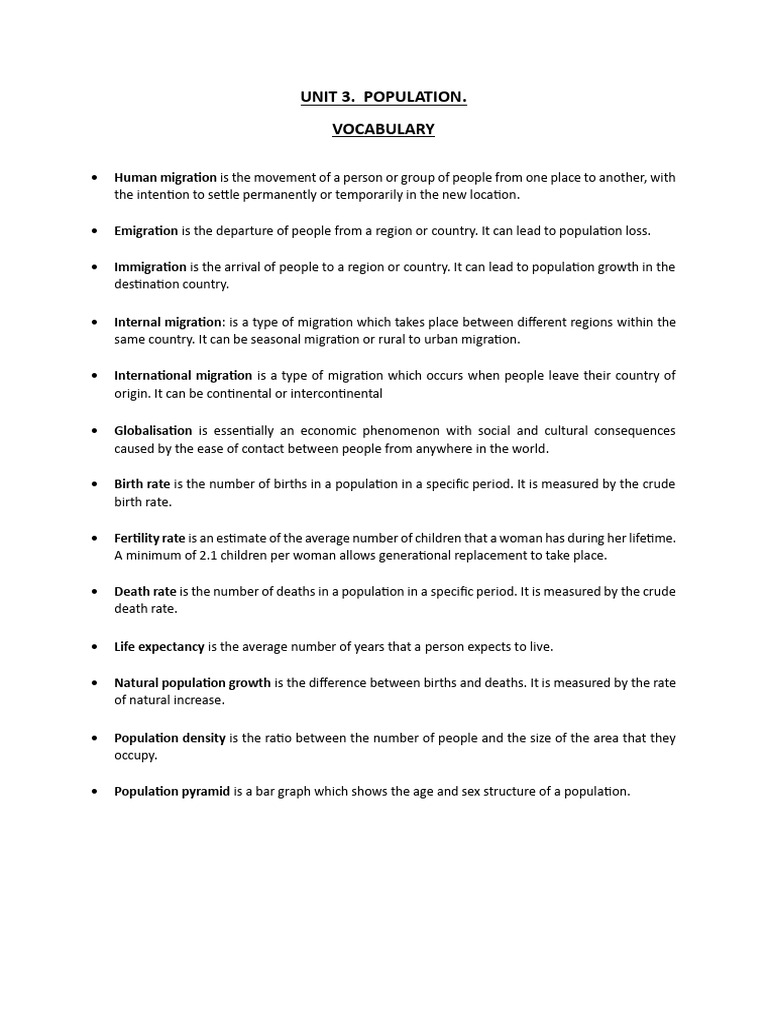 Vocabulary. Unit 3. Population | PDF