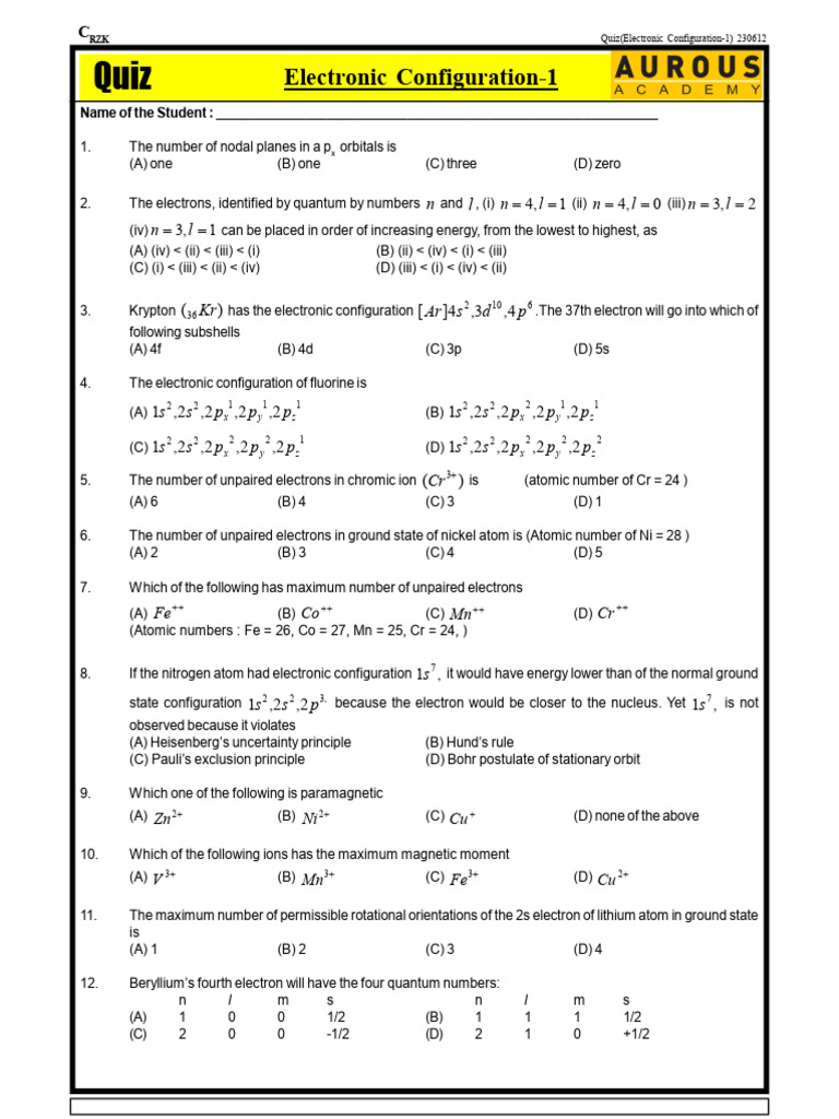 Quiz (Electronic Configuration-1) 230612 | PDF | Atomic Orbital ...