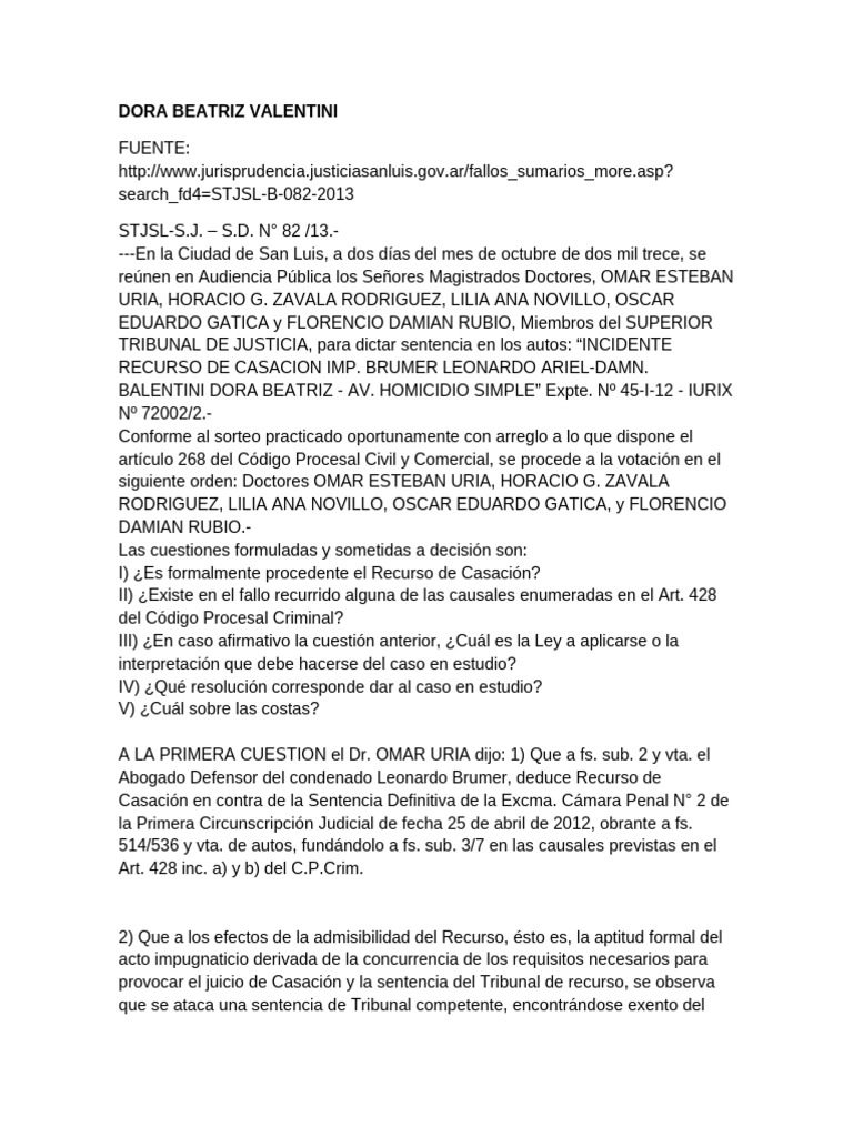 Casación en Homicidio: Balentini vs. Brumer | PDF | Caso de ley ...