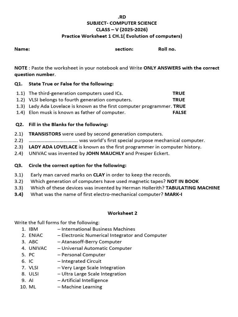 ANSWERS of Class V Computer Science Worksheet 1,2 and 3 | PDF