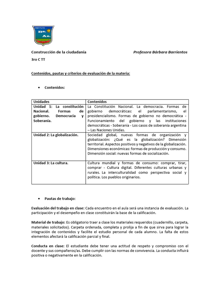 Contenidos - Pautas y Criterios de Evaluaci-N 3C 2025 | PDF | Globalización | Democracia