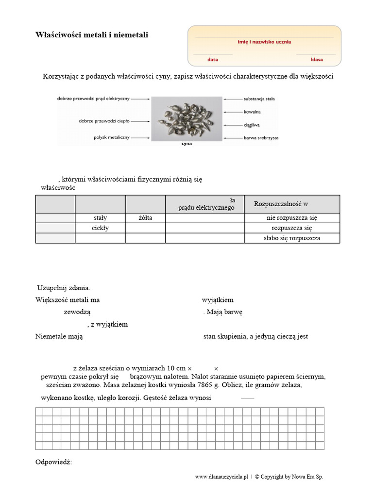 Karta Pracy 4 Wlasciwosci Metali I Niemetali | PDF