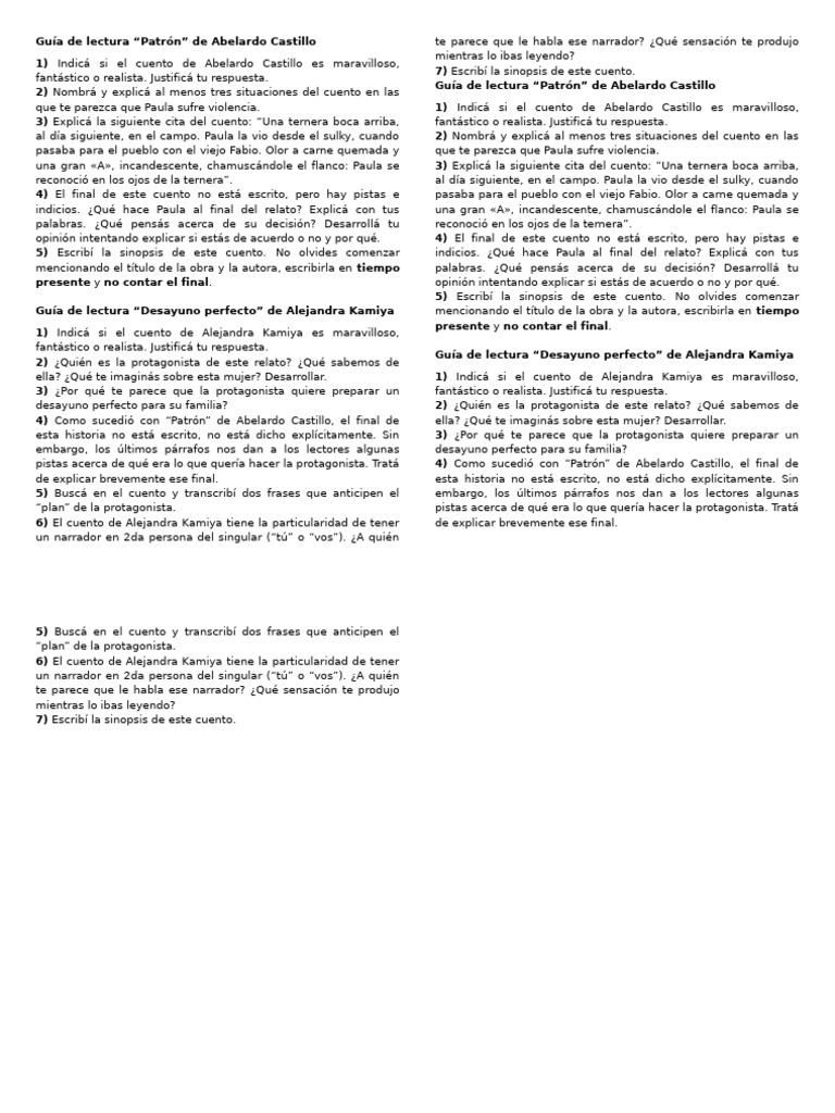 Guía de Lectura Patrón y Desayuno Perfecto | PDF