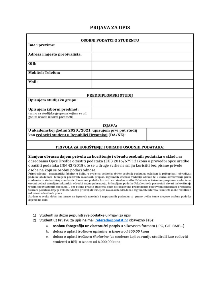 Prijava Za Upis Obrazac | PDF