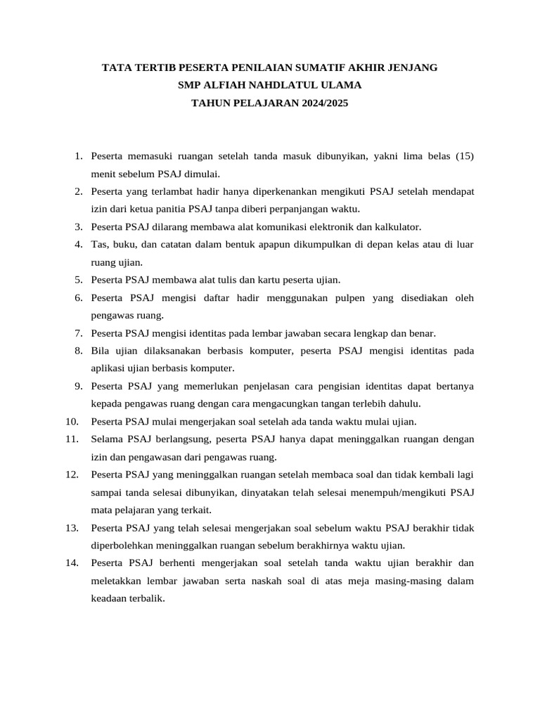 Tata Tertib Ujian SMP Alfiah 2024/2025 | PDF