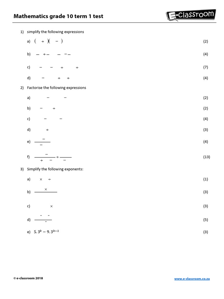 Grade 10 Term 1 Mathematics Test | PDF