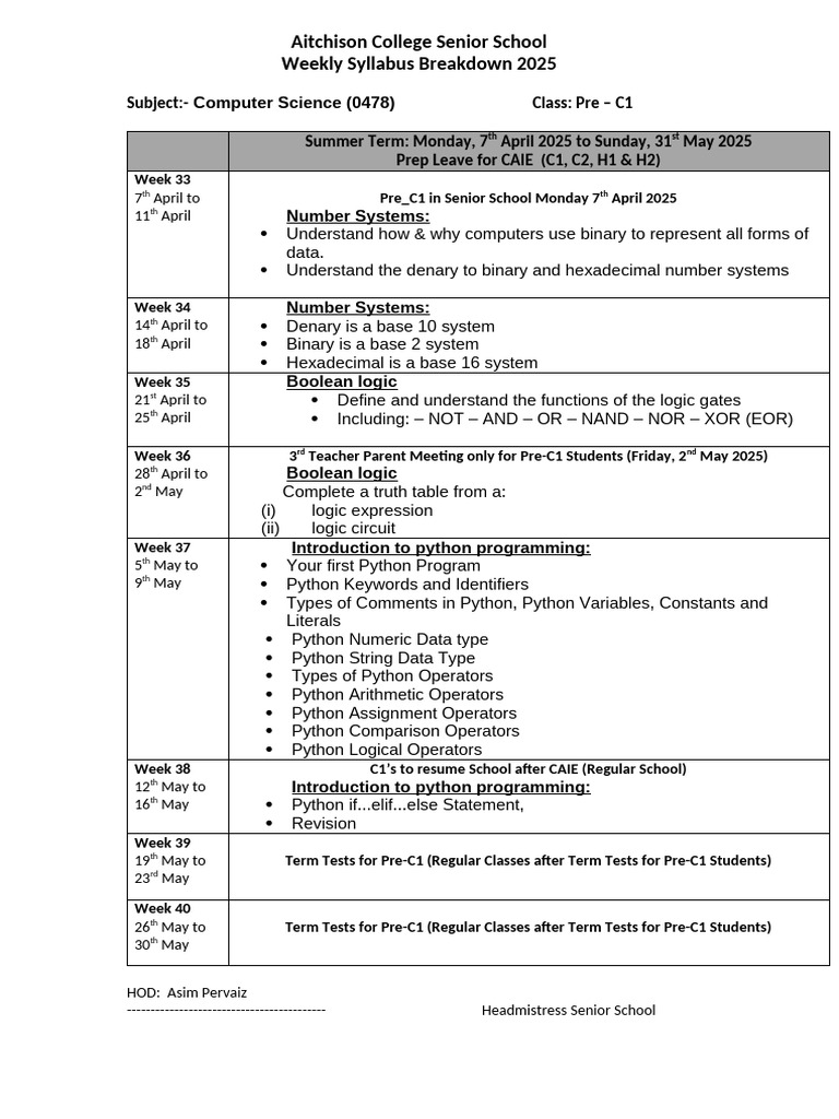 Pre C1 Computer Science - Weekly Syllabus Breakdown 2025 | PDF | Python ...