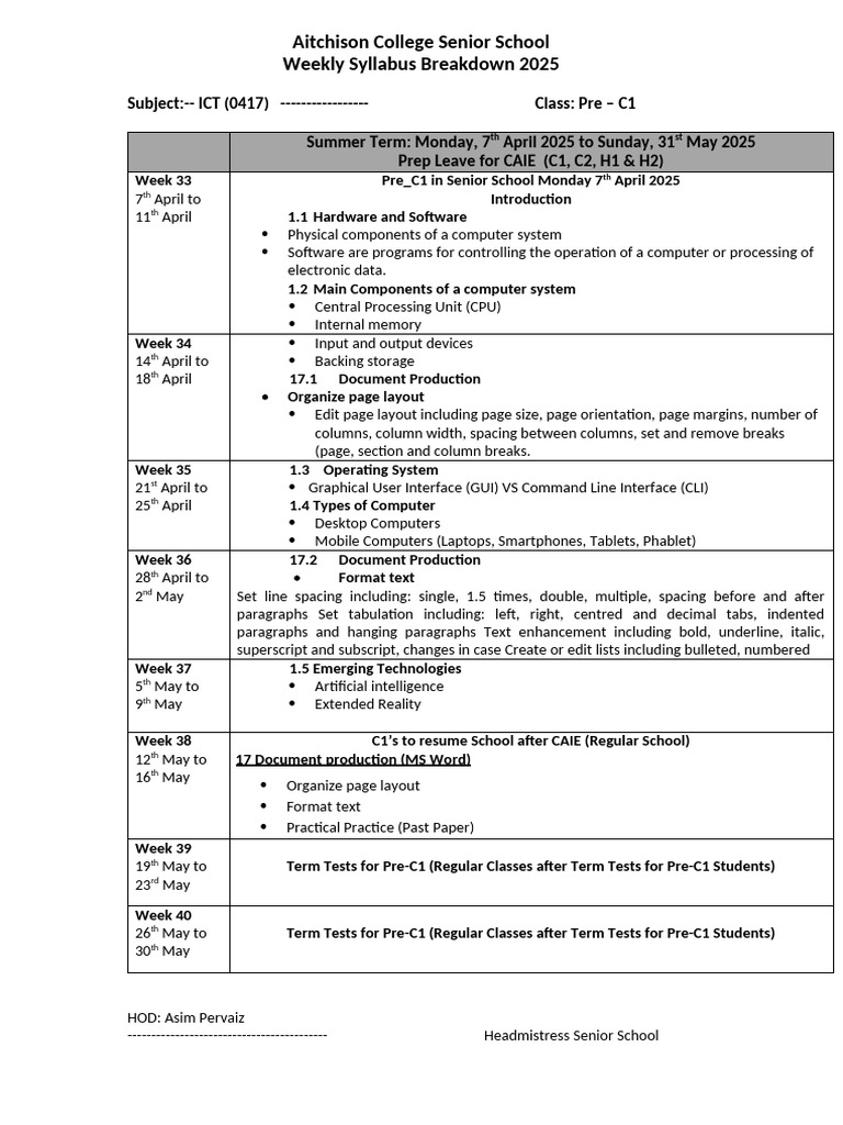 Pre C1 ICT - Weekly Syllabus Breakdown 2025 | PDF | Graphical User Interfaces | Computer Science