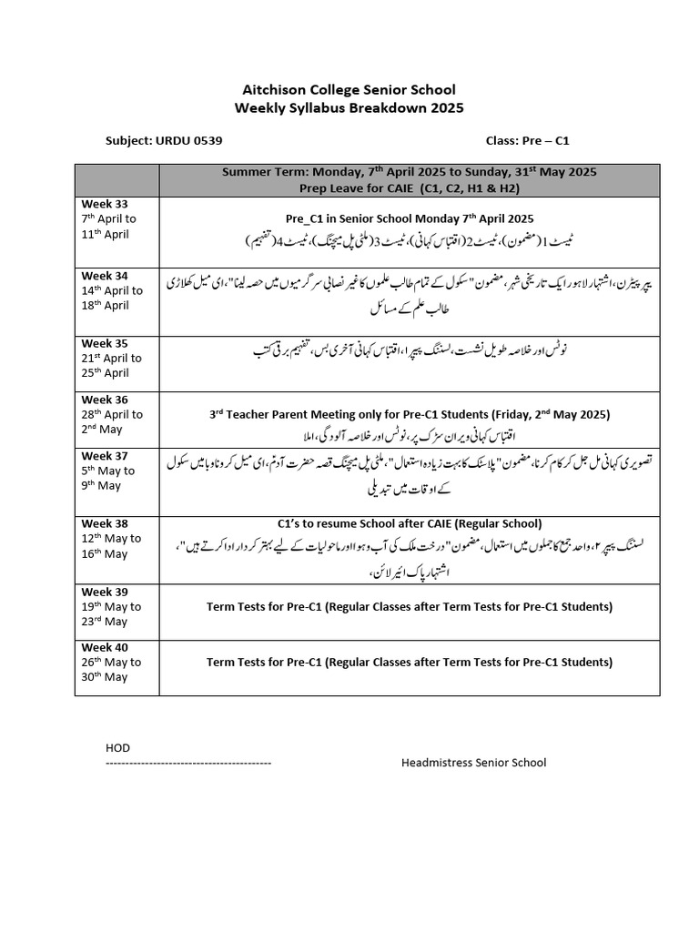 Pre-C1 Urdu IGCSE Weekly Syllabus Breakdown 2025 | PDF
