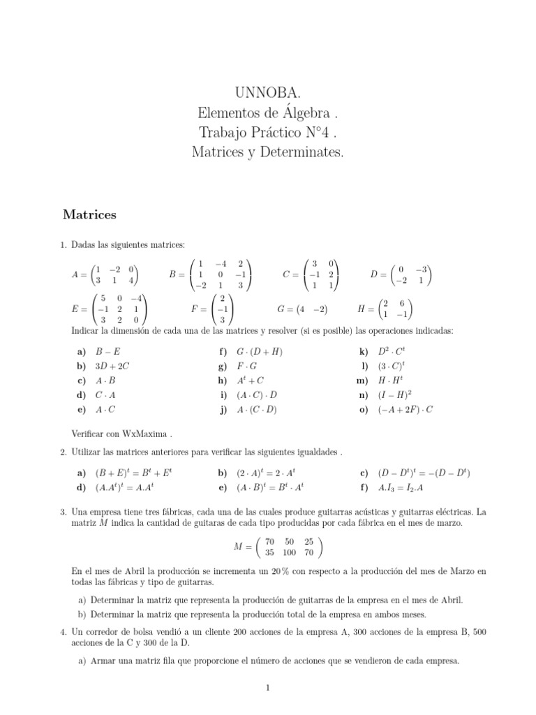 Práctica 4. Matrices y Determinantes | PDF | Matriz (Matemáticas ...