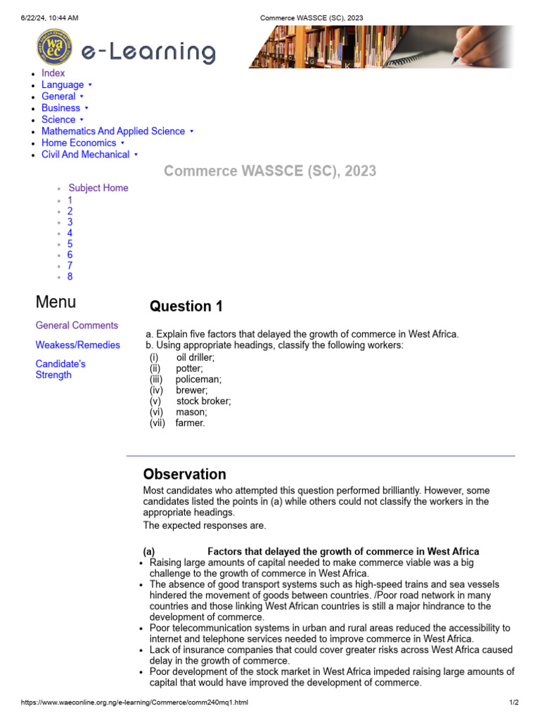 Wassce Waec 2023 Commerce Paper 2 Past Questions and Answers PDF | PDF ...