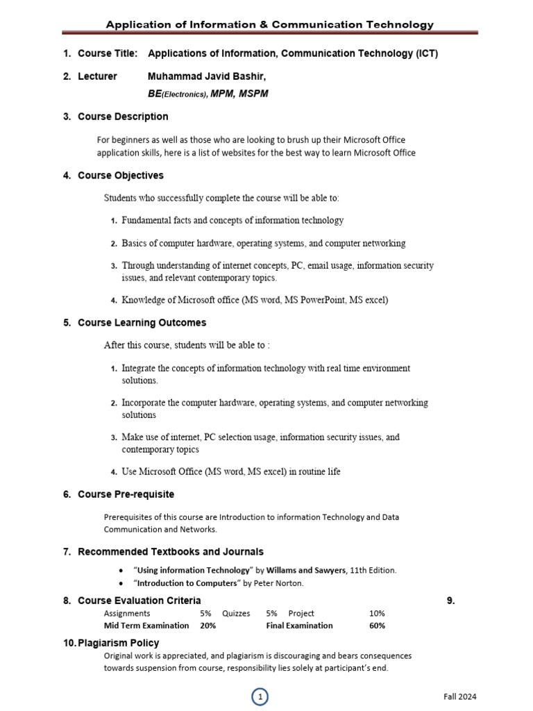 Lecture Notes - Applications of ICT - Javid Bashir Fall 2024 | PDF ...