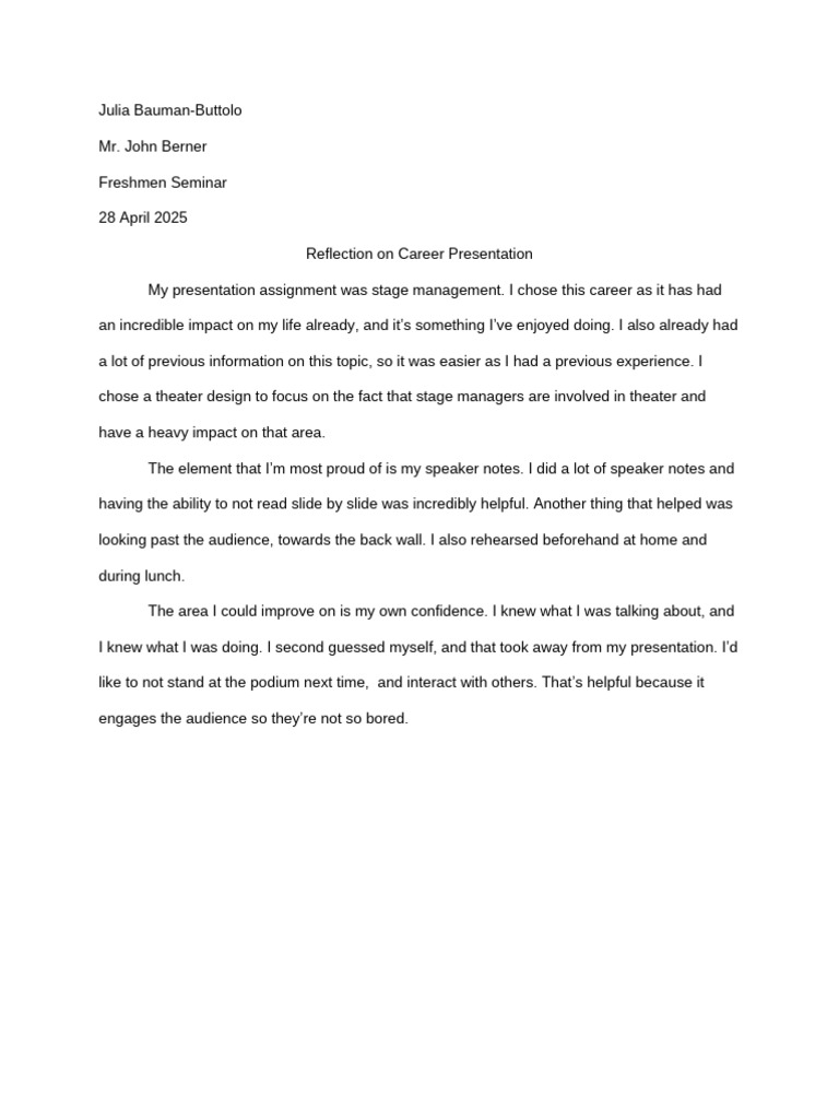 Reflection On Career Presentation | PDF