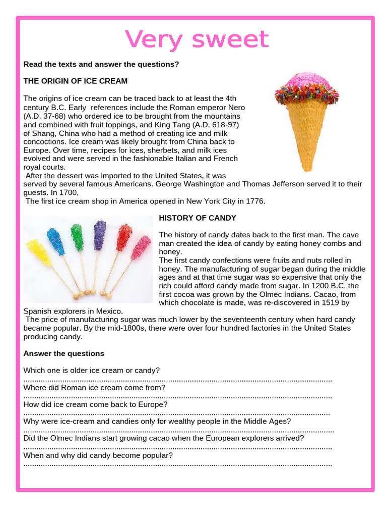 Food Very Sweet Oneonone Activities Reading Comprehension Exercise ...