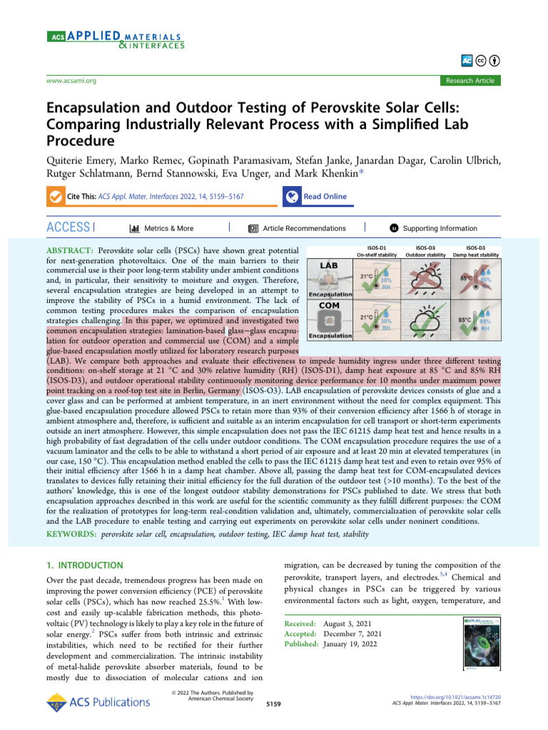 Emery Et Al 2022 Encapsulation and Outdoor Testing of Perovskite Solar ...