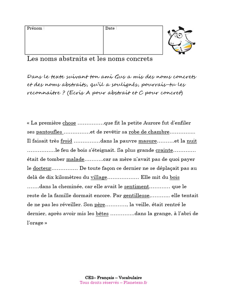 Noms concrets et abstraits CE2 | PDF