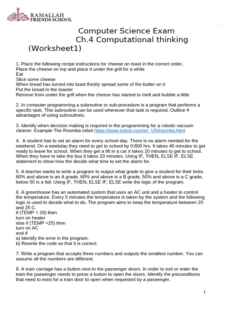 Computational thinking-Worksheet1 | PDF | Computing | Computer Science