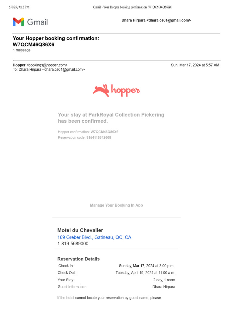Gmail - Your Hopper Booking Confirmation - W7QCM46Q86X6 | PDF | Credit ...
