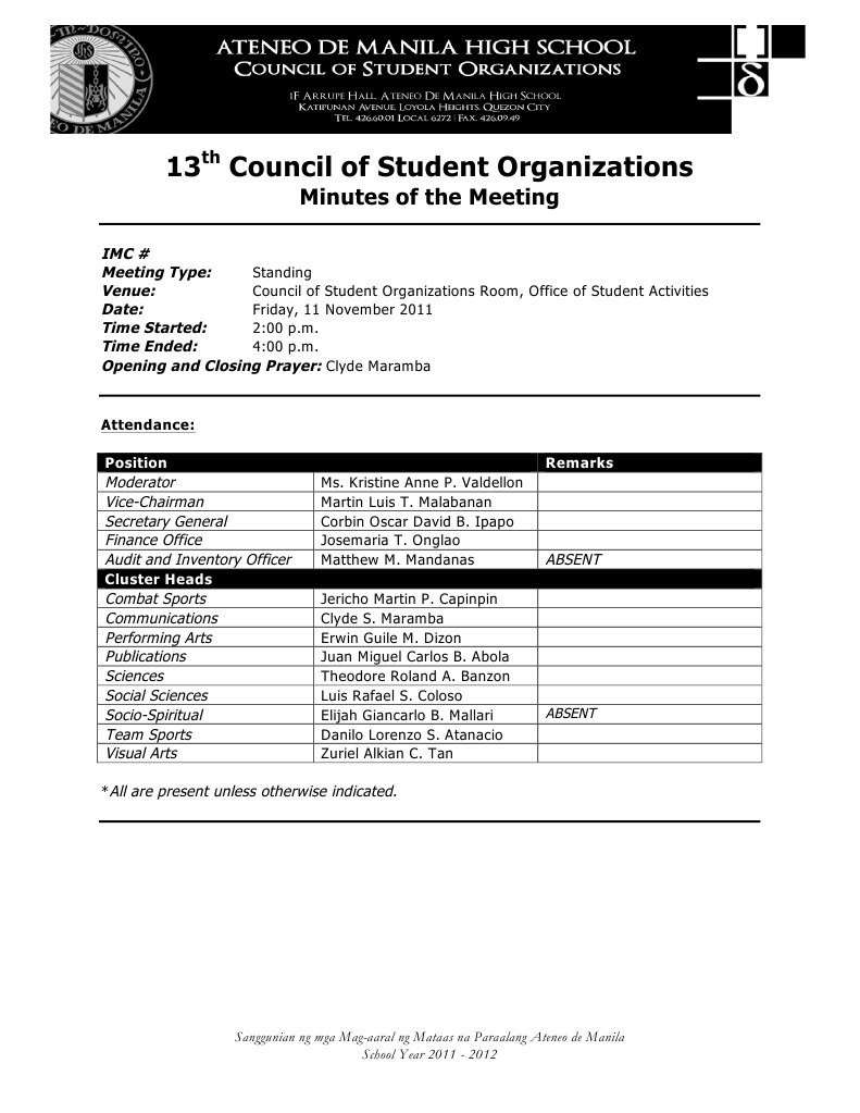 13 Council of Student Organizations: Minutes of The Meeting | PDF ...