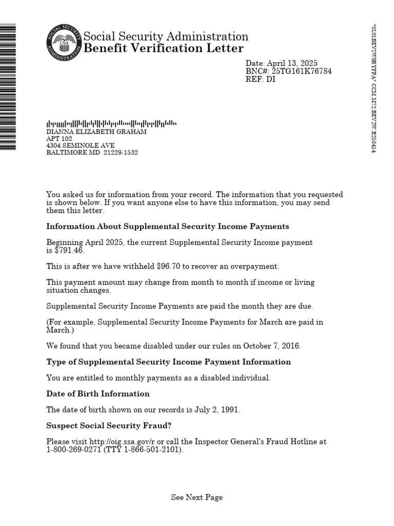 Benefit Verification Letter For April | PDF