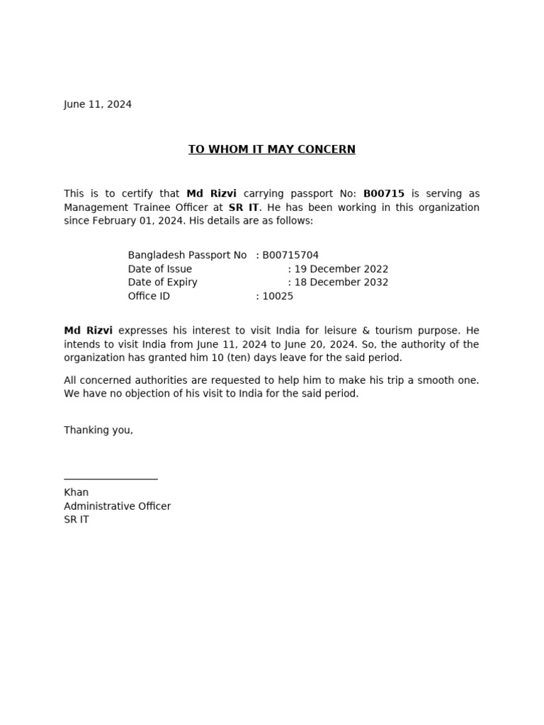 NOC For Personal Visit | PDF