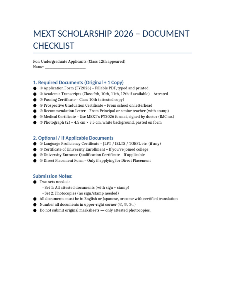 MEXT 2026 Document Checklist | PDF